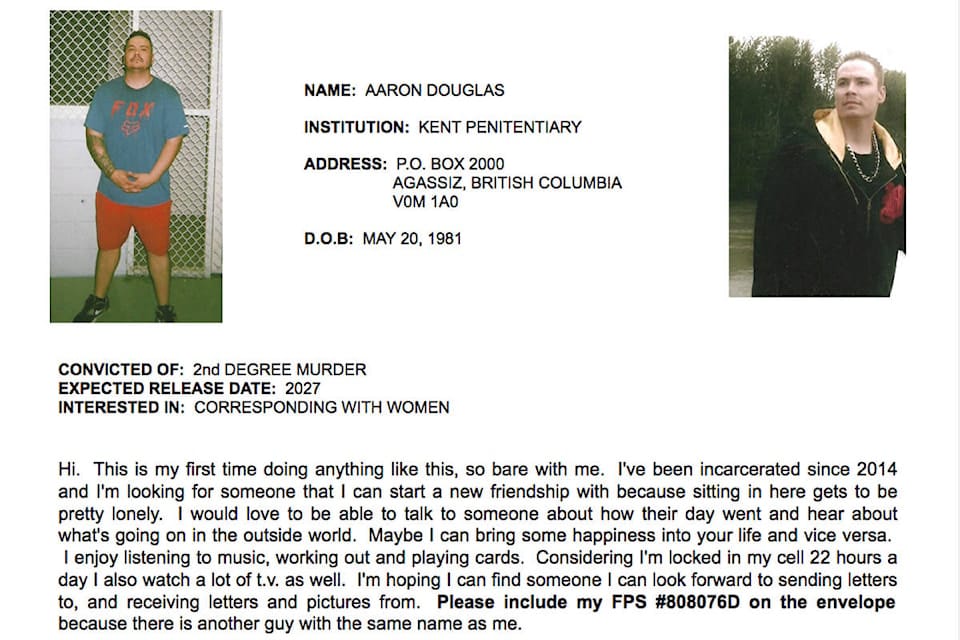 Fraser Vallley murderer among Canadian inmates looking for pen pals